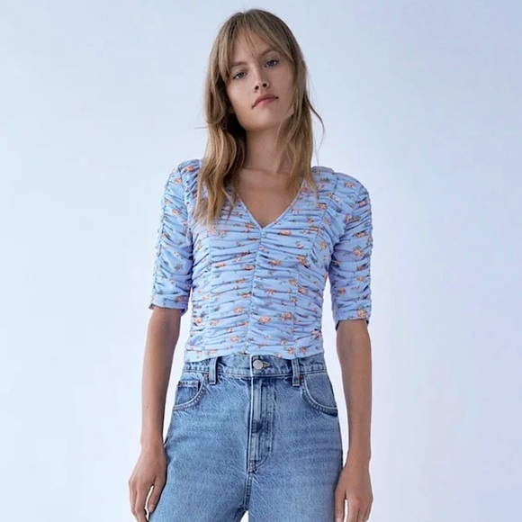 Zara | Tops | Nwt Zara Tulle Floral Print Ruched Stretch Top | Poshmark